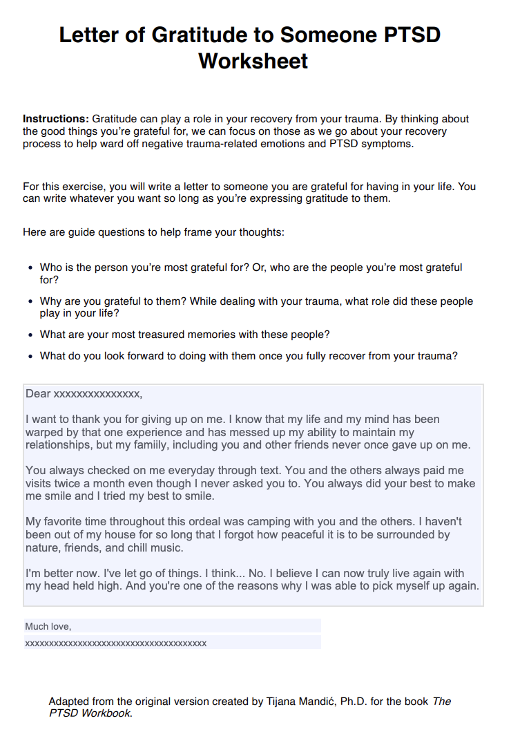 Letter of Gratitude to Someone PTSD Worksheet & Example | Free PDF Download